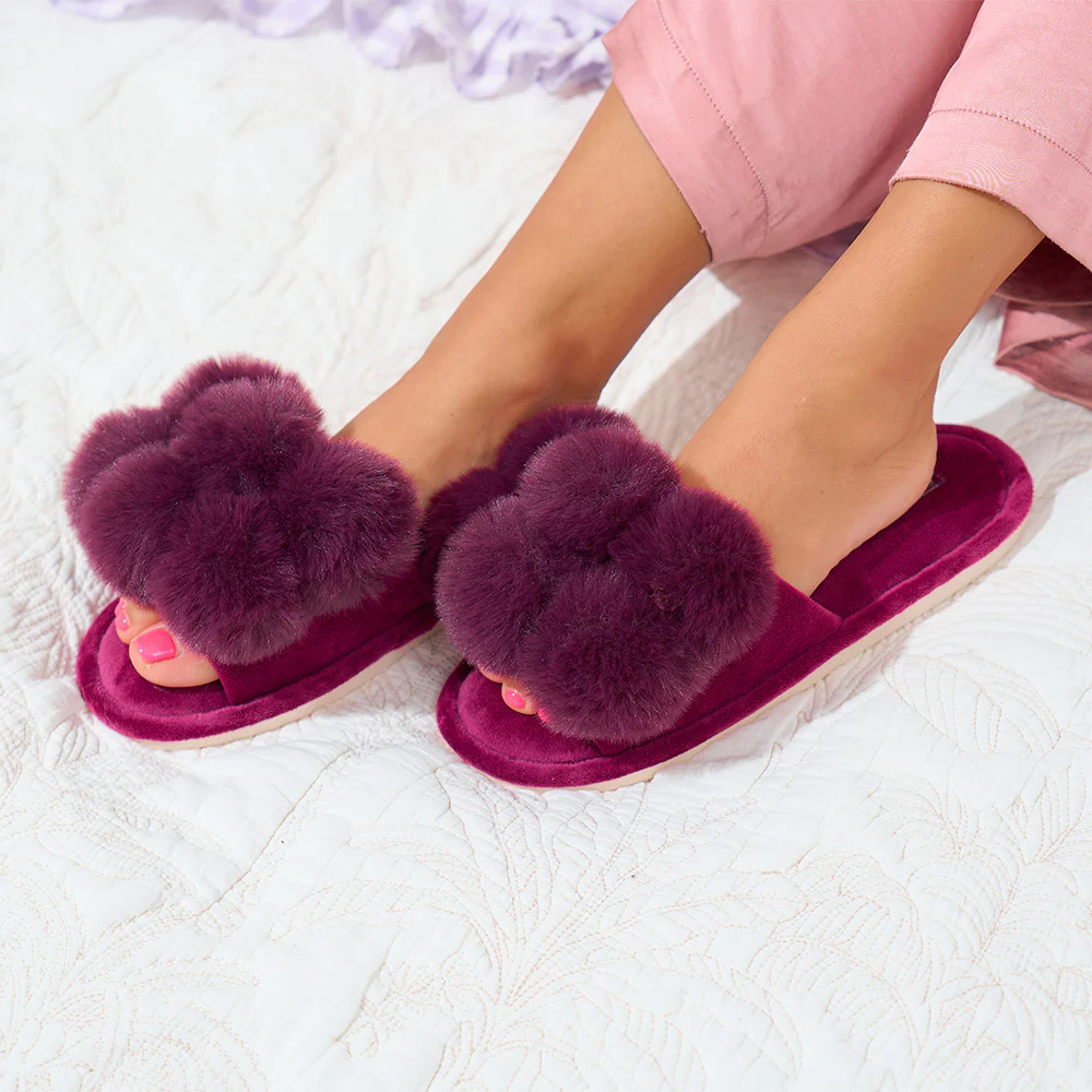 Luxe Pom Pom Slippers - Mulberry | Honeysuckle Store Australia